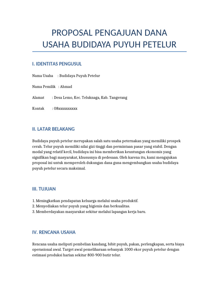 Proposal Dana Budidaya Puyuh Petelur | PDF