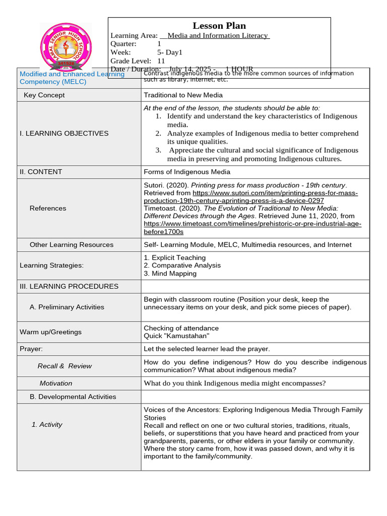 Lesson Plan in MIL - Indigenous Media | PDF | Knowledge | Learning