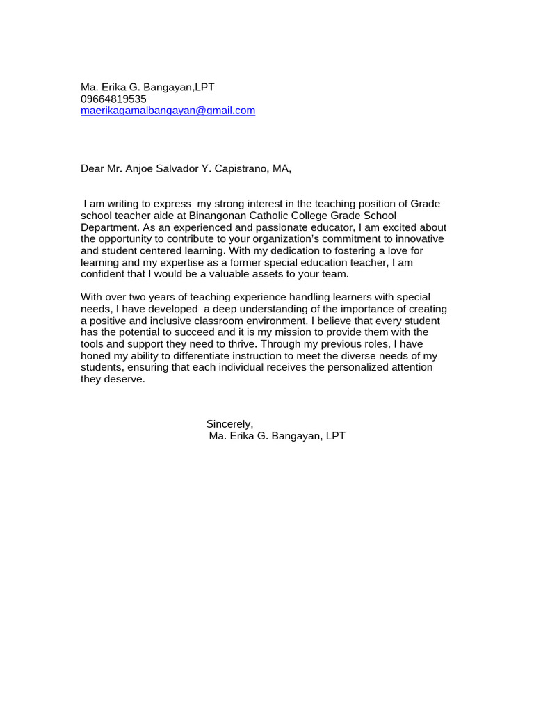 Cover Letter - Ma. Erika G. Bangayan, LPT | PDF