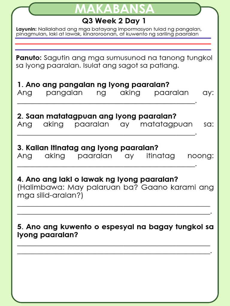 q3 Makabansa Worksheet Week 2 | PDF