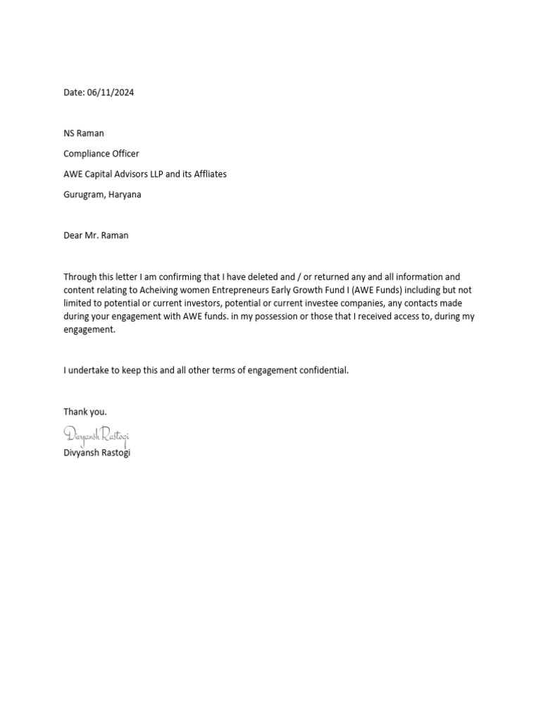 Confirmation Letter - Divyansh Rastogi | PDF