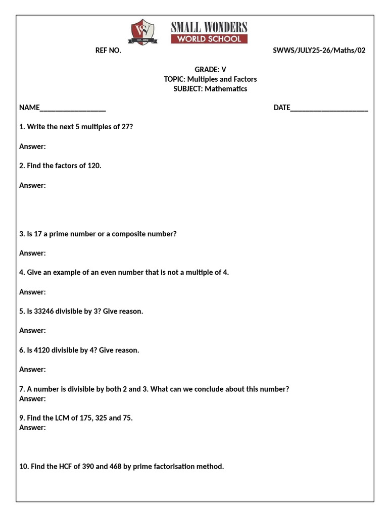 Grade V Maths: Multiples & Factors Guide | PDF