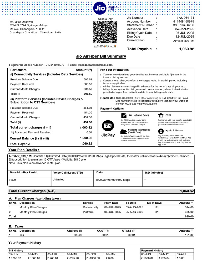 Chandigarh Jio Fiber Bill July | PDF | Payments | Banks