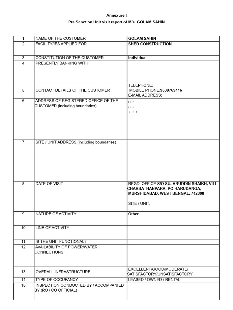 Annexure I Pre Sanction Unit Visit Report of M/s. GOLAM SAHIN | PDF