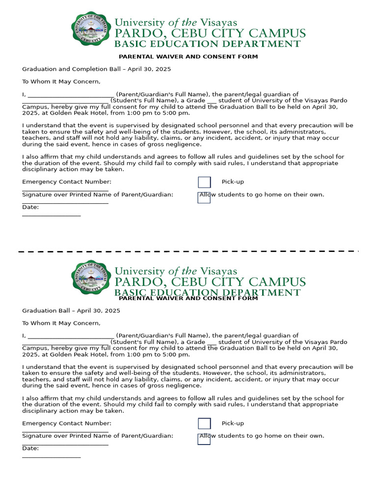 Parental Waiver and Consent Form | PDF | Consent