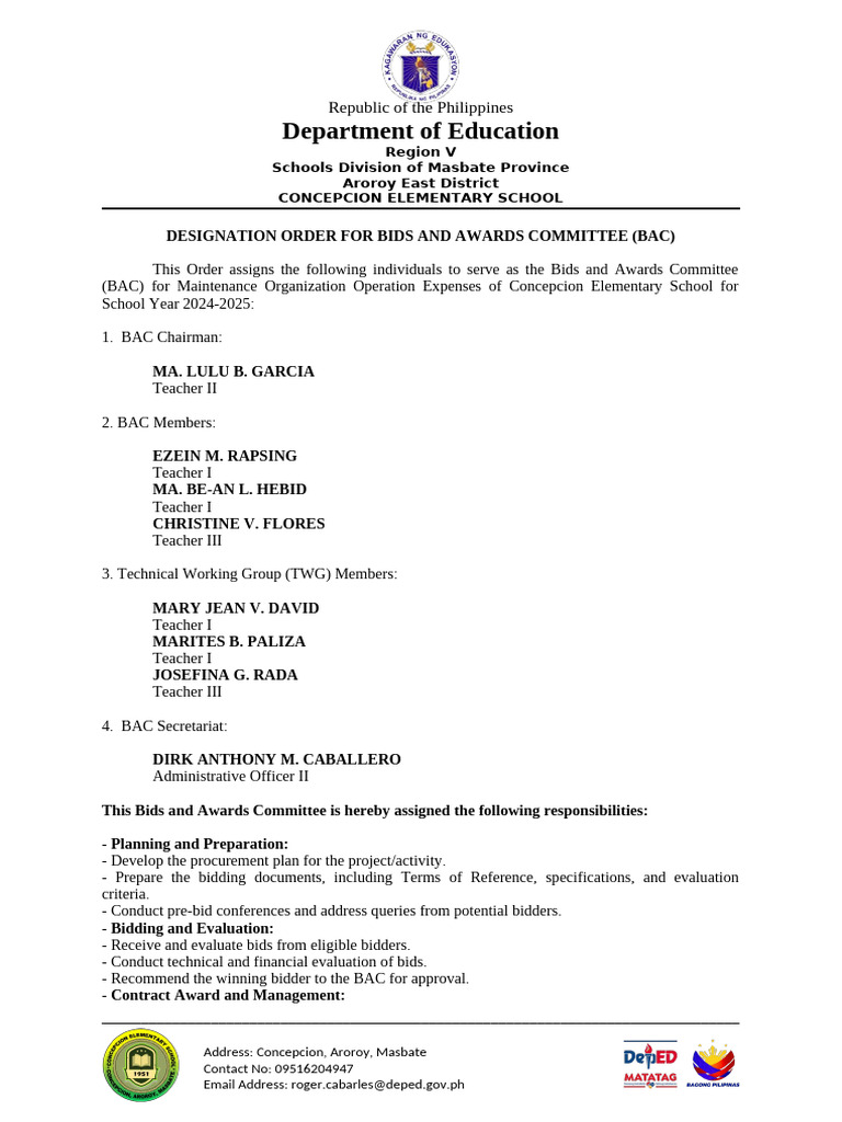 BAC Designation Order for Concepcion ES | PDF