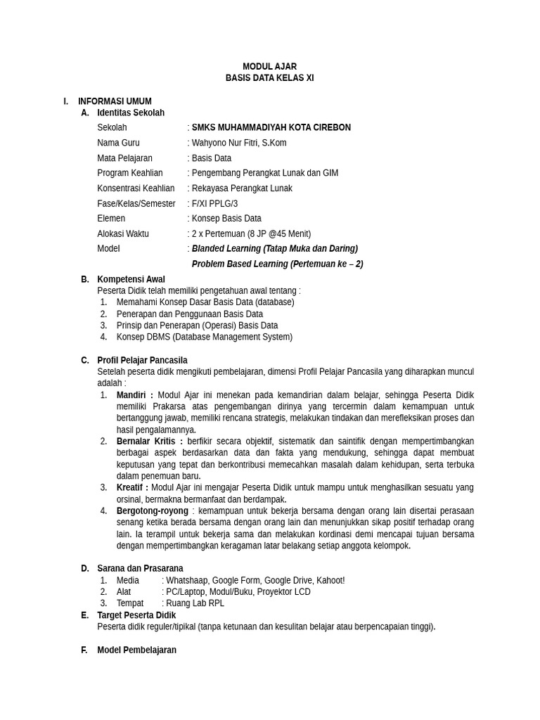 Modul Ajar Basis Data Kelas XI PPLG | PDF