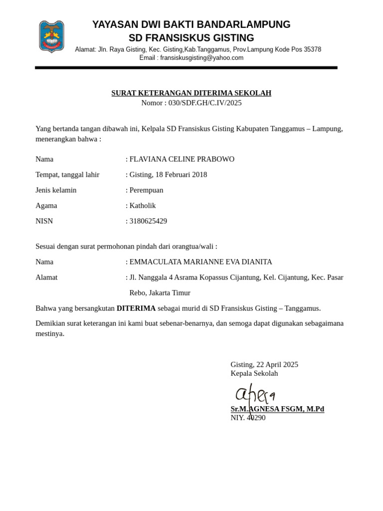 Surat Keterangan Diterima Di SDFG | PDF
