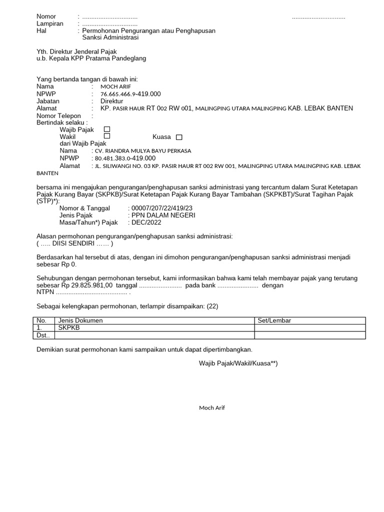 Format Permohonan Pengurangan Penghapusan Sanksi Administrasi-1 | PDF