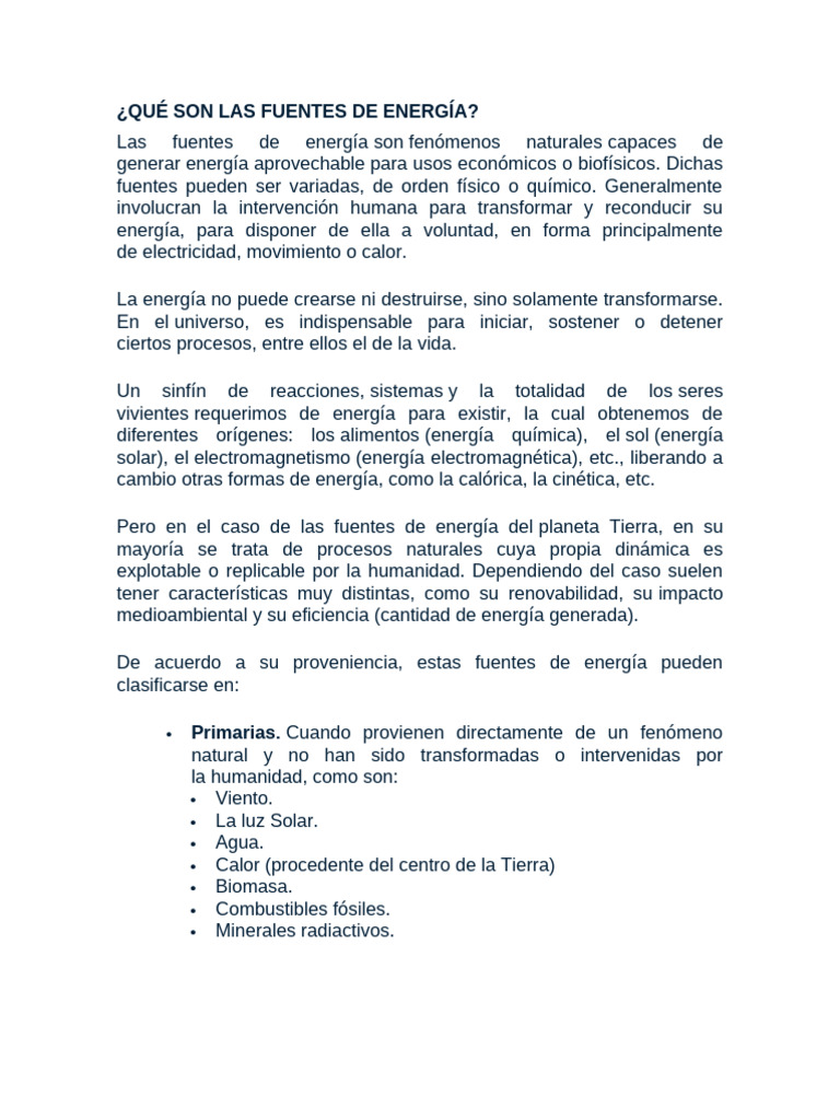 Fuentes de Energía: Tipos y Usos | PDF | Energía renovable | Corriente ...