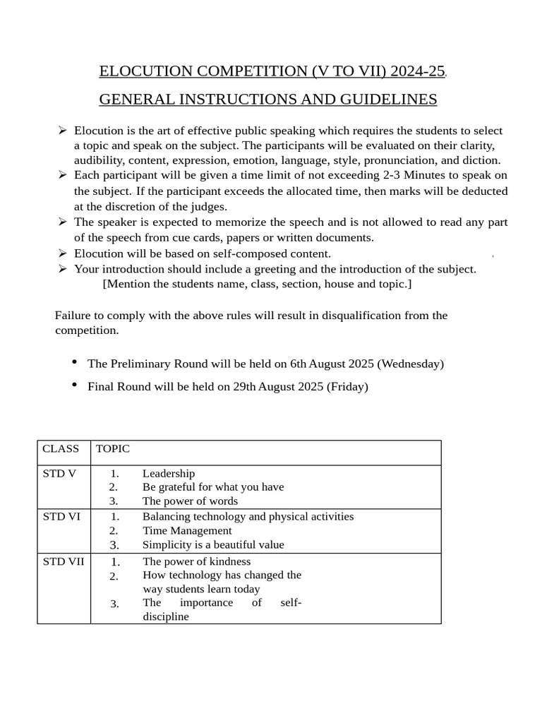Elocution Topics 2025-26 | PDF