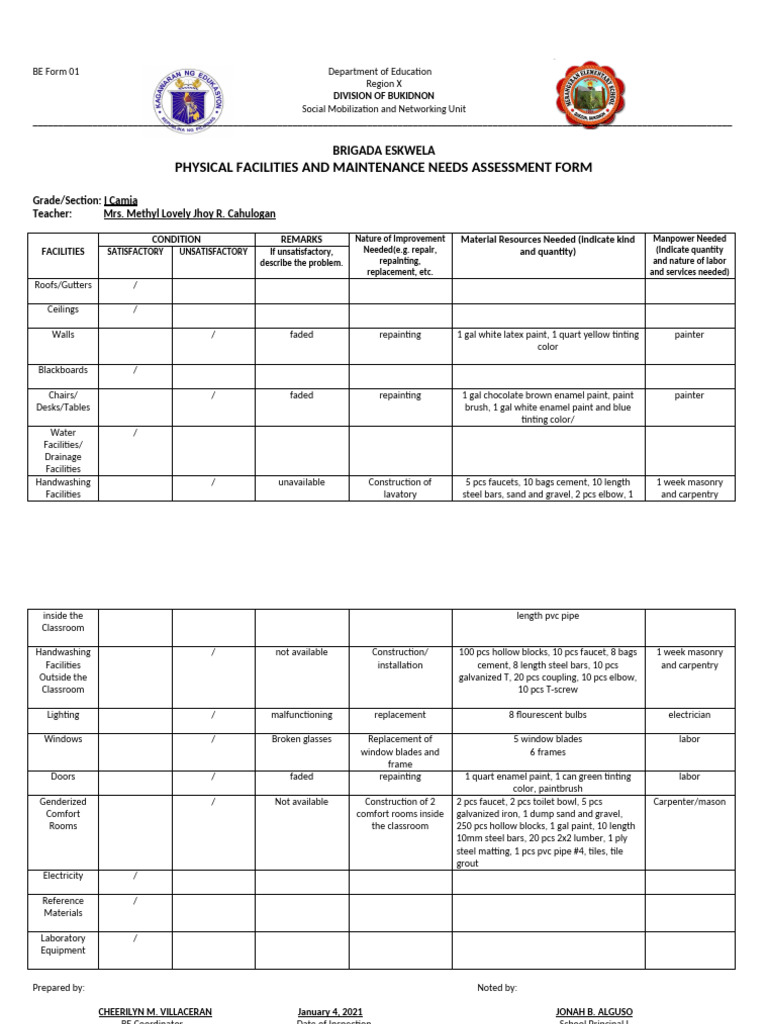 BE Form 1 PHYSICAL FACILITIES MAINTENANCE ASSESSMENT FORM | PDF | Carpentry | Classroom