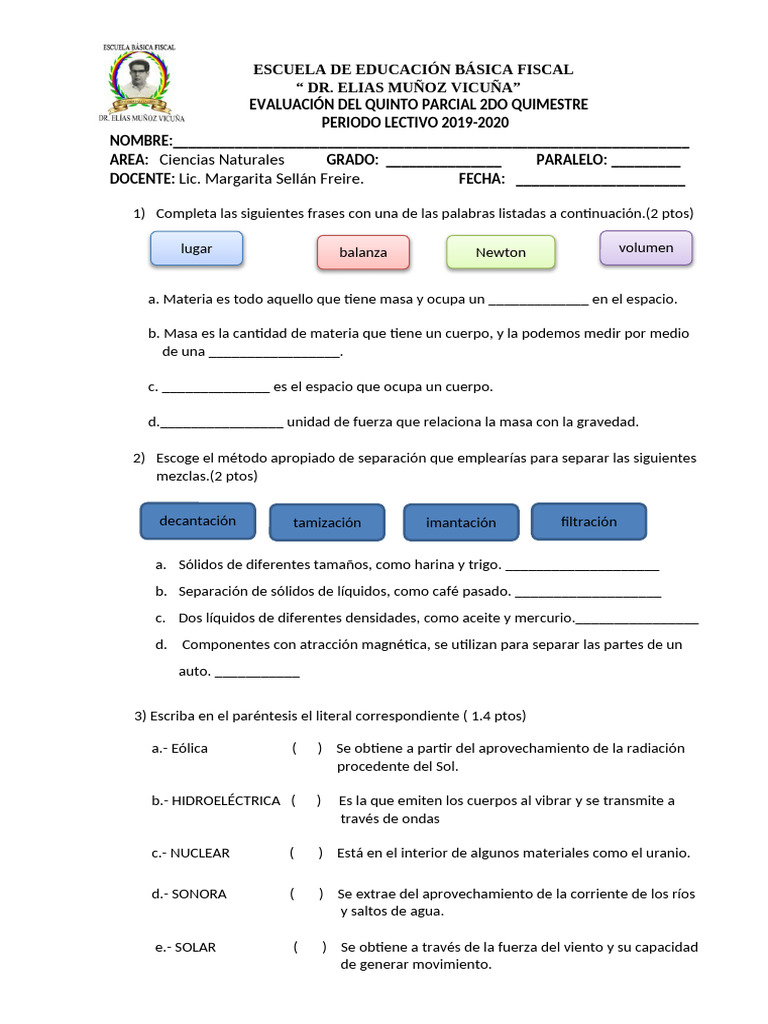 Evaluacion 7mo CCNN 5to Parcial 2do Quimestre | PDF | Masa | Ligero