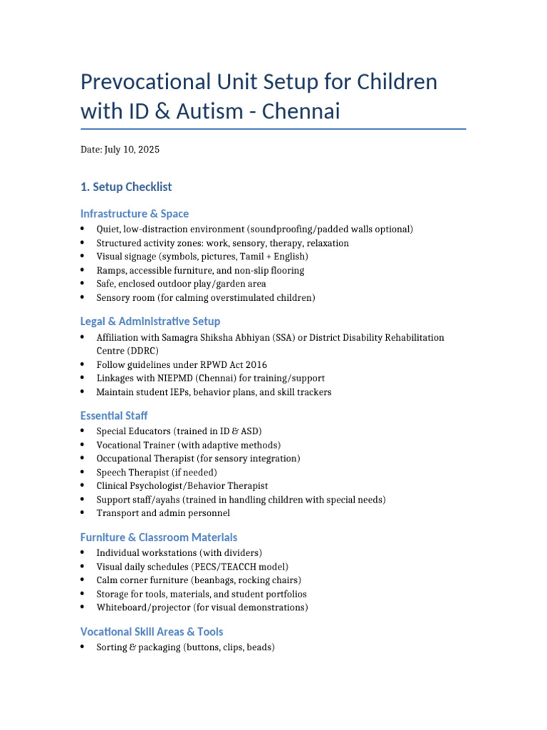 Prevocational Unit Checklist Chennai | PDF