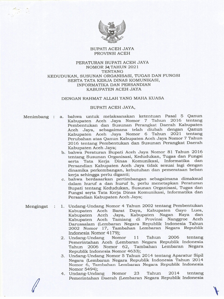 Perbup Sotk Diskominsa No 34 Tahun 2021 | PDF