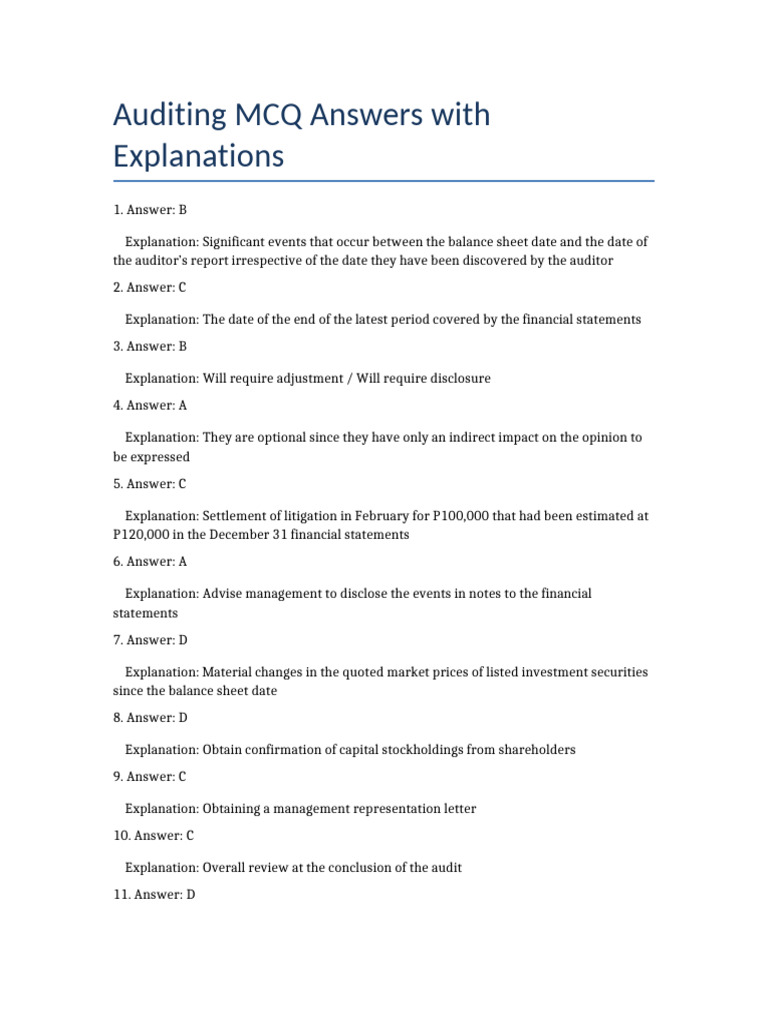 Auditing MCQ Answers | PDF | Audit | Financial Services