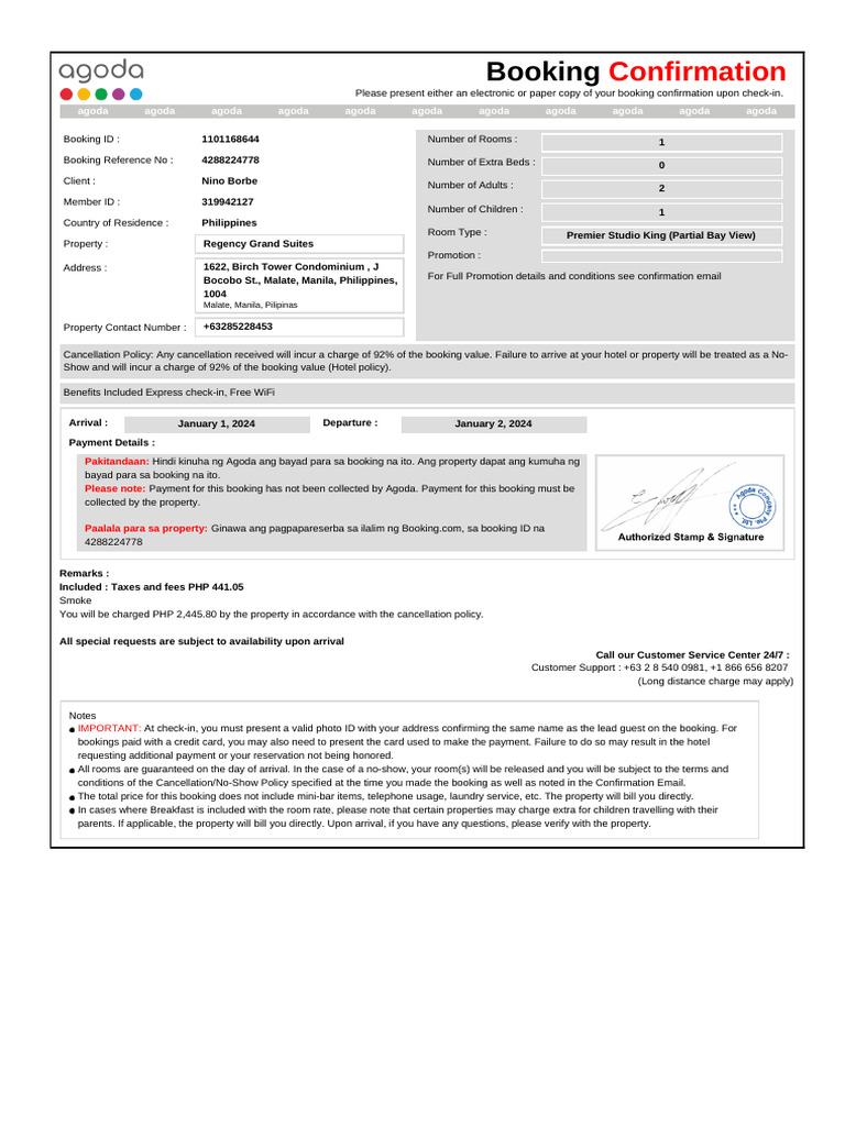 Confirmation For Booking ID # 1101168644 | PDF | Payments