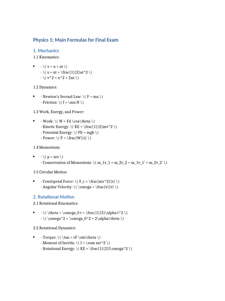 Physics1 Formulas FinalExam | PDF