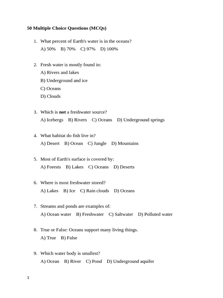 50 Water-Related MCQs with Answers | PDF | Water | Fresh Water