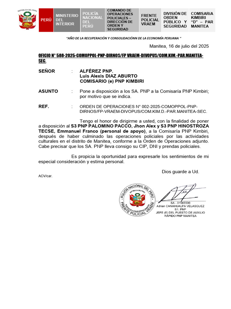 Oficio #588-2025 - Pone A Disposición A Los Sa PNP - P.A.R. Manitea. | PDF