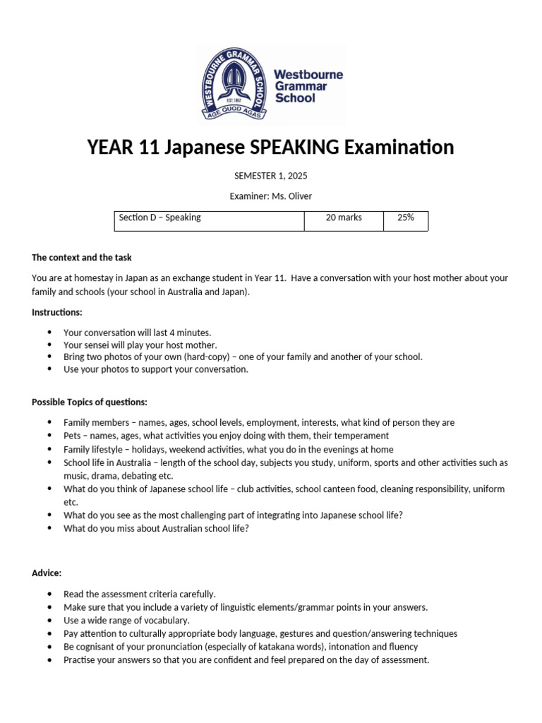 Year 11 Japanese Speaking Exam Guide | PDF | Japanese Language | Vocabulary
