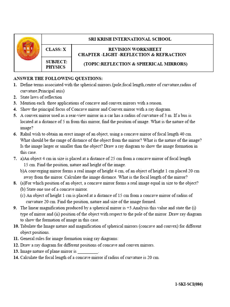 2025-26 Light Reflection-Revision Worksheet | PDF | Mirror | Optics