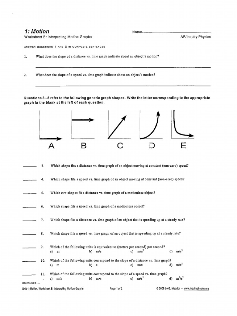 Motion Graph Worksheet Y9 | PDF