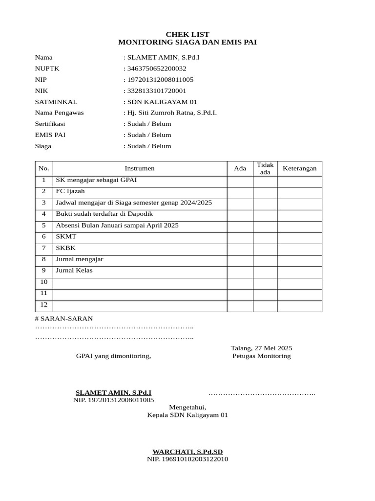 Checklist Monev Siaga - 2025 | PDF