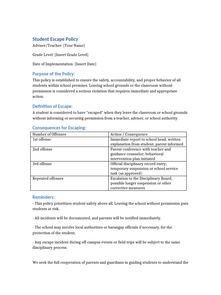 Student Escape Policy | PDF