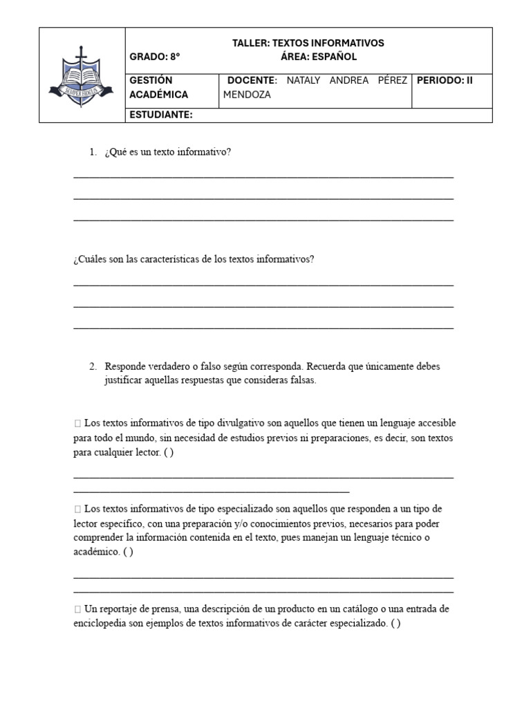 Taller#2 - Textos Informativos 8° | PDF | Comprensión lectora ...