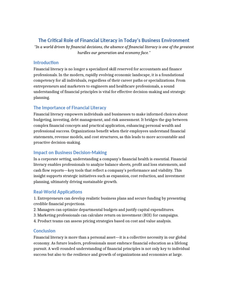 Financial Literacy Essay | PDF