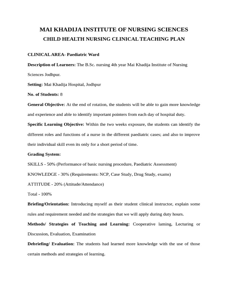 Clinical Teaching Plan | PDF | Intensive Care Unit | Patient