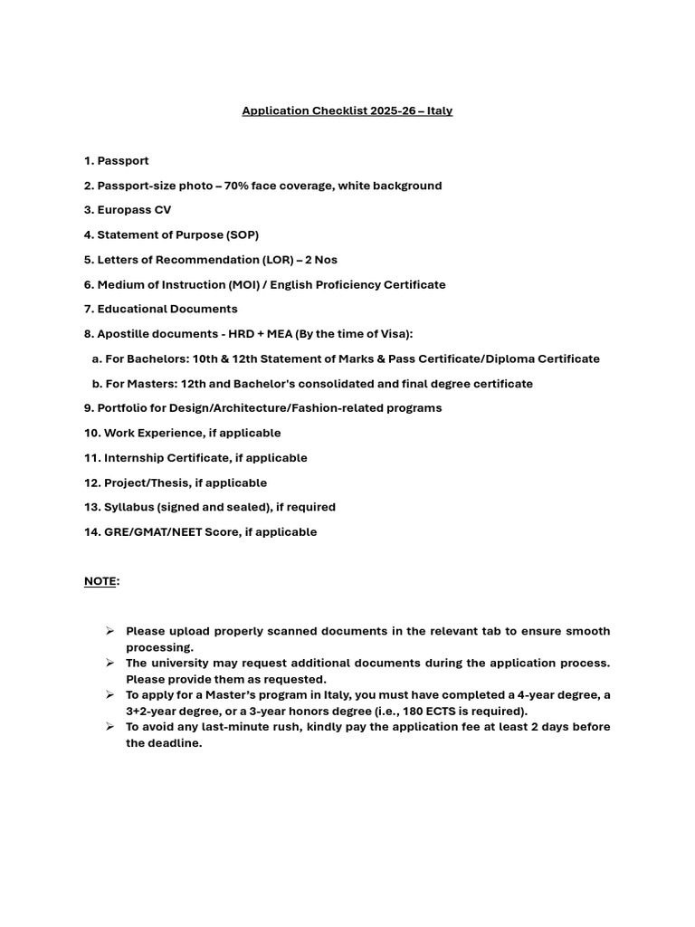 Italy Visa Application Checklist 2025 | PDF