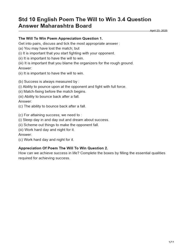 Appreciation of "The Will to Win" Poem | PDF | Poetry