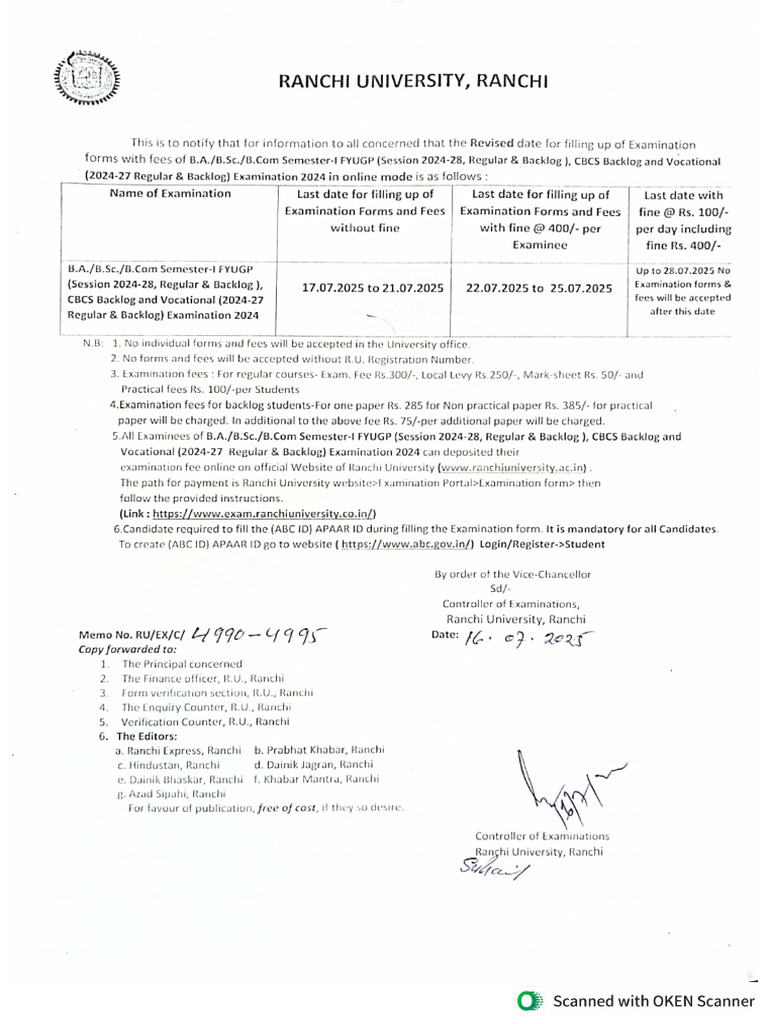 NoticeRevised Date for Filling Up of Examination Forms With Fees of B.a., B.sc.,B.com. Semester ...