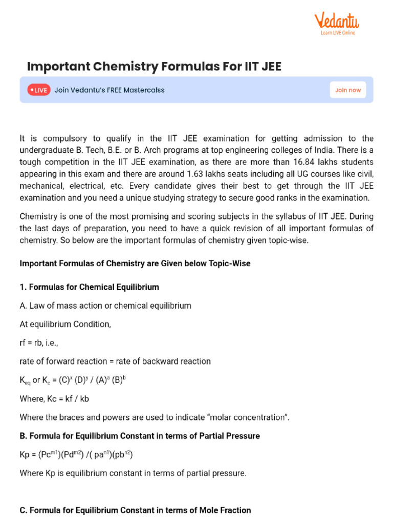 Important Chemistry Formulas For IIT JEE | PDF