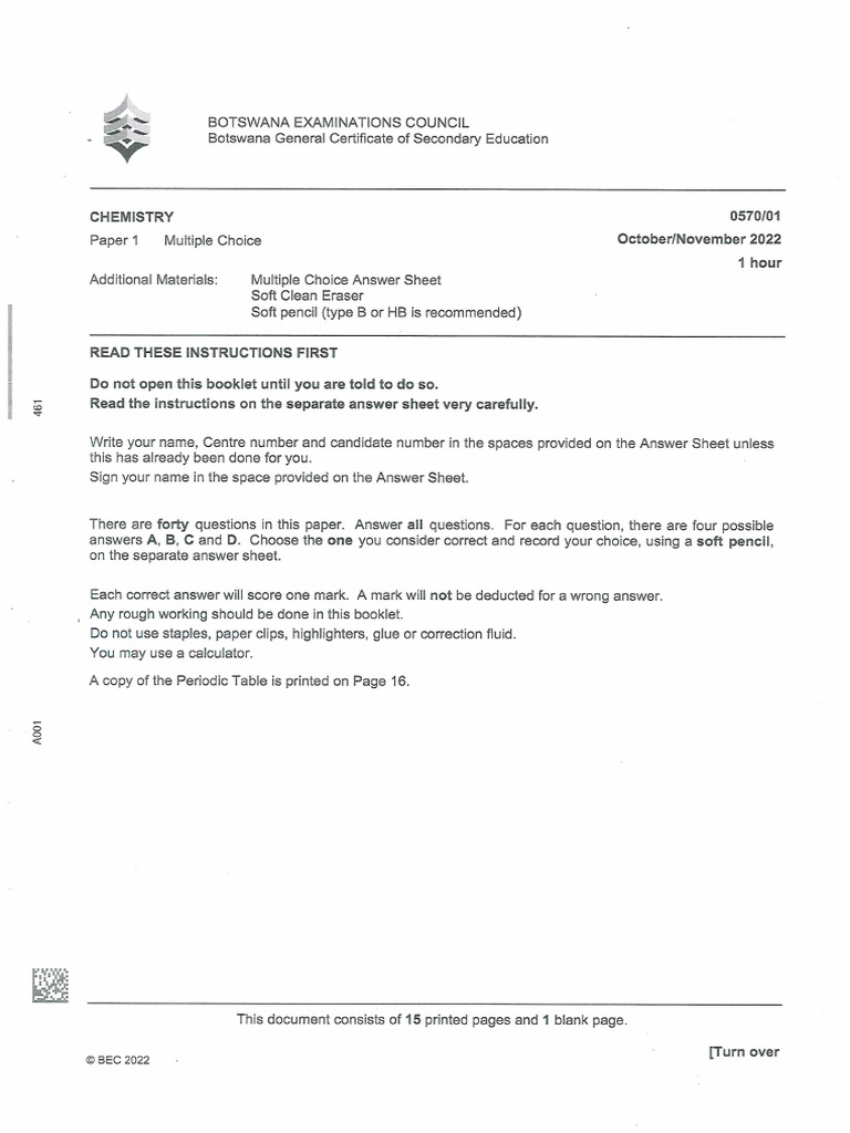 BGCSE Chemistry Paper 1 (2022) | PDF