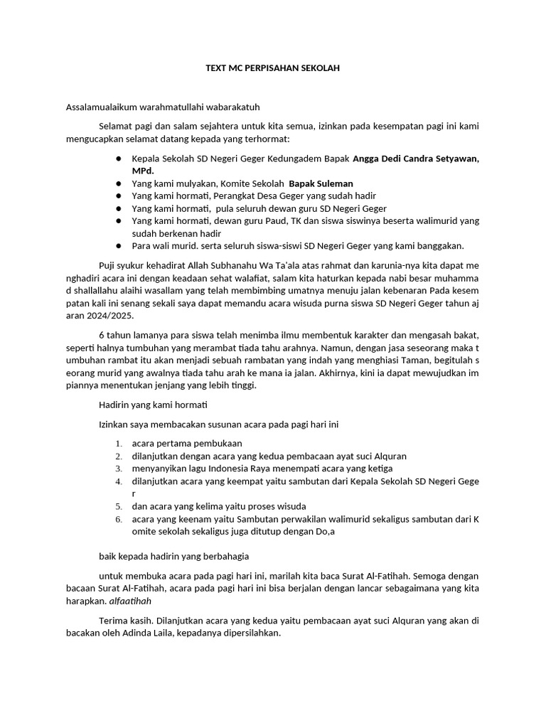Text MC Perpisahan Sekolah | PDF