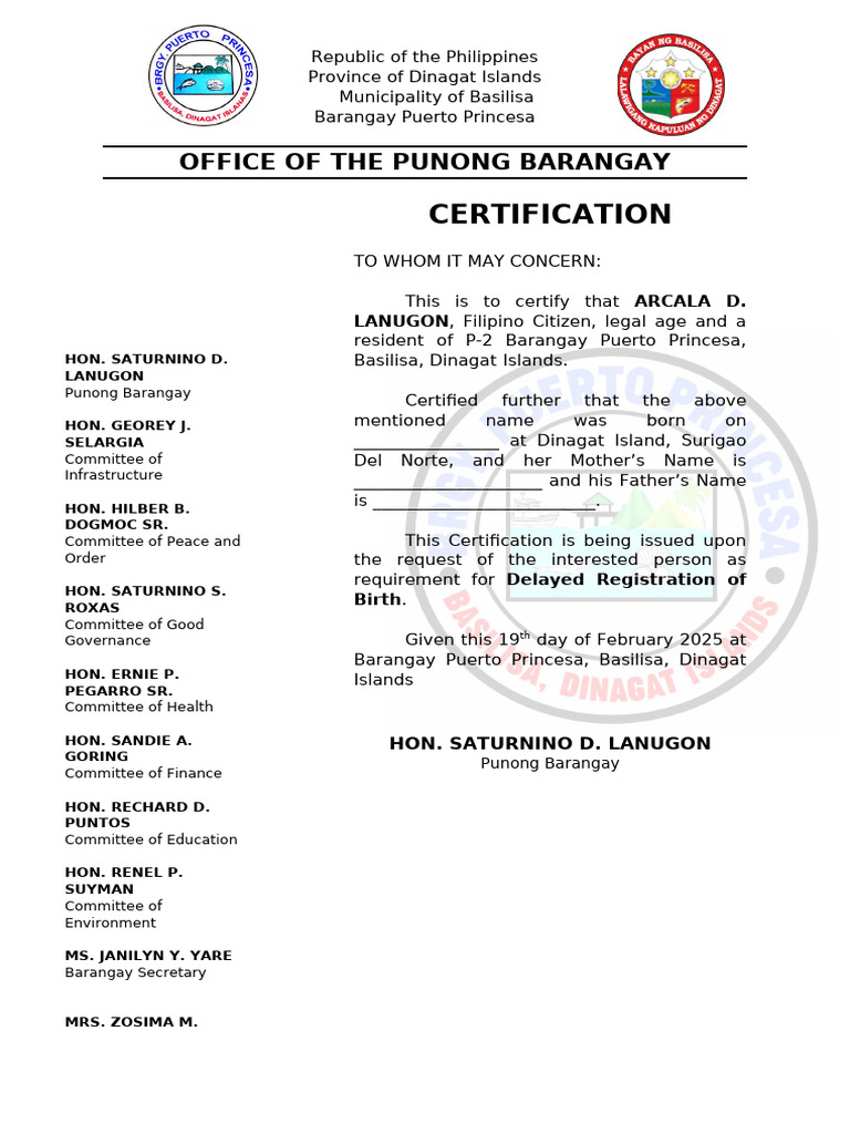 Brgy Certification of Residency | PDF