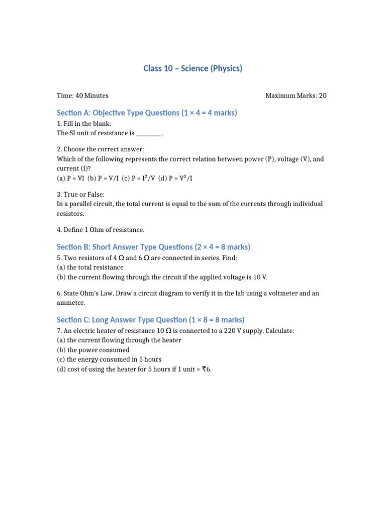 Class 10 Physics: Resistance & Circuits Exam | PDF
