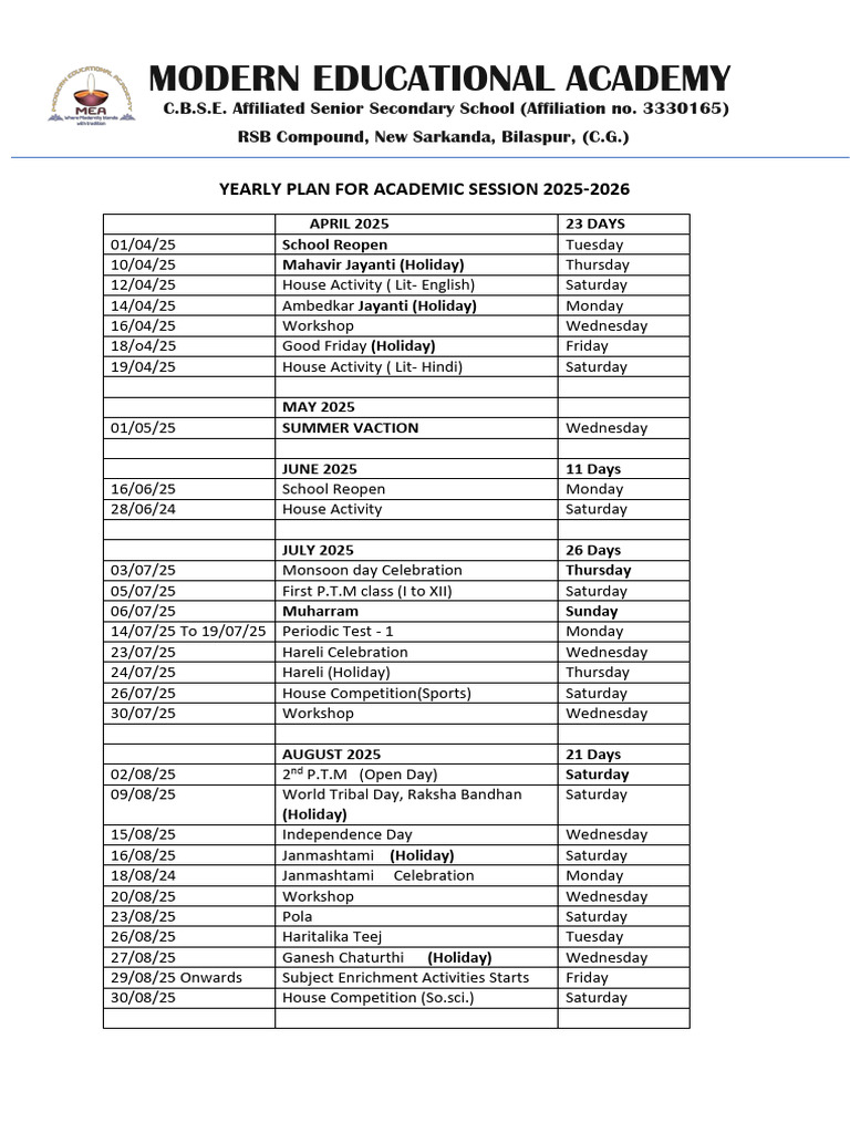 Yearly Academic Plan 2025-26 | PDF | Hindu Worship | Entertainment Events
