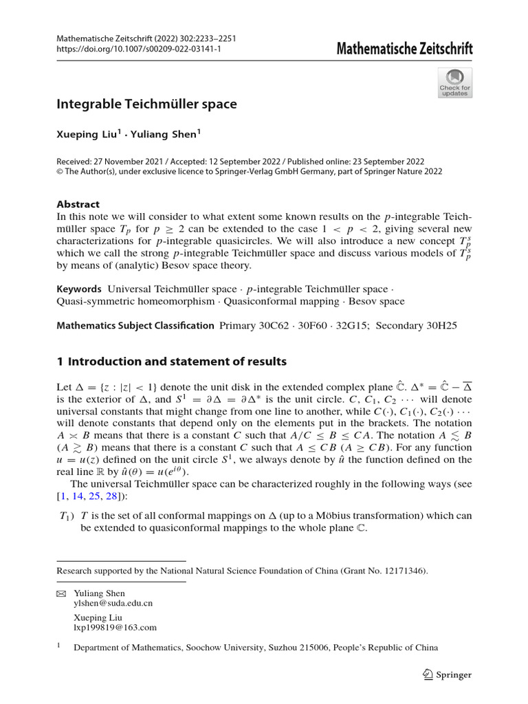Strong p-Integrable Teichmüller Space | PDF | Mathematical Analysis ...