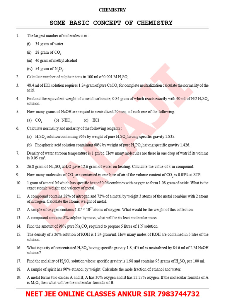 Mole Concept Assignement | PDF | Mole (Unit) | Molecules