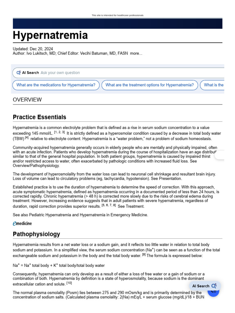 Hypernatremia - Practice Essentials, Pathophysiology, Etiology | PDF ...