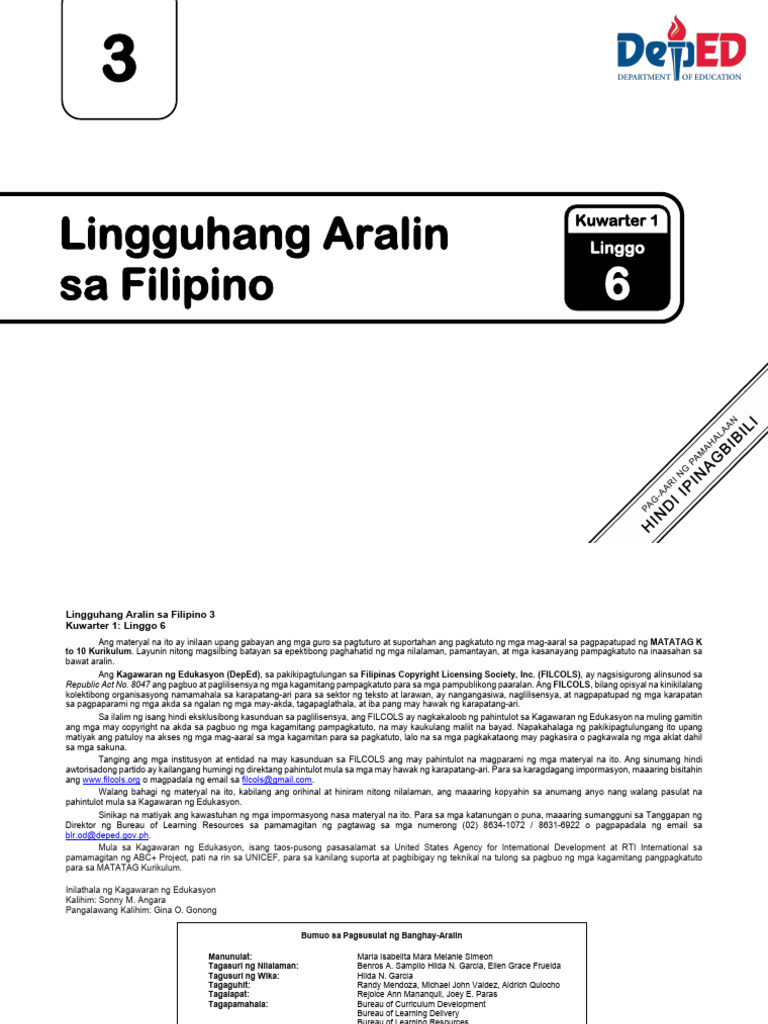Finalized 5 20 2025 Grade 3-Le-Filipino - Week 6 RTP | PDF