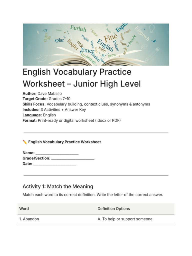 Junior High Vocabulary Practice Worksheet | PDF