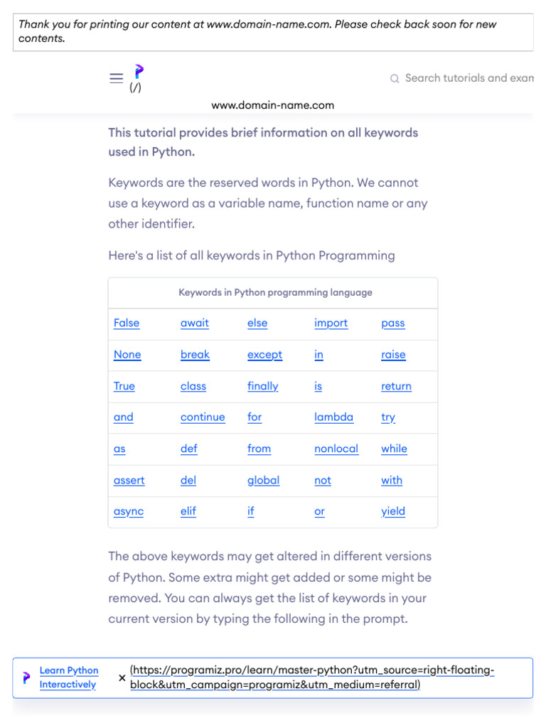 07 List of Keywords in Python Programming | PDF | Anonymous Function | Control Flow
