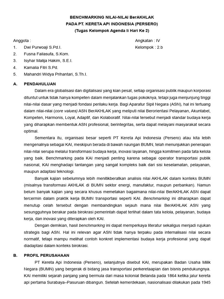 Benchmarking Nilai-Nilai Asn Berakhlak (PT Kai) | PDF