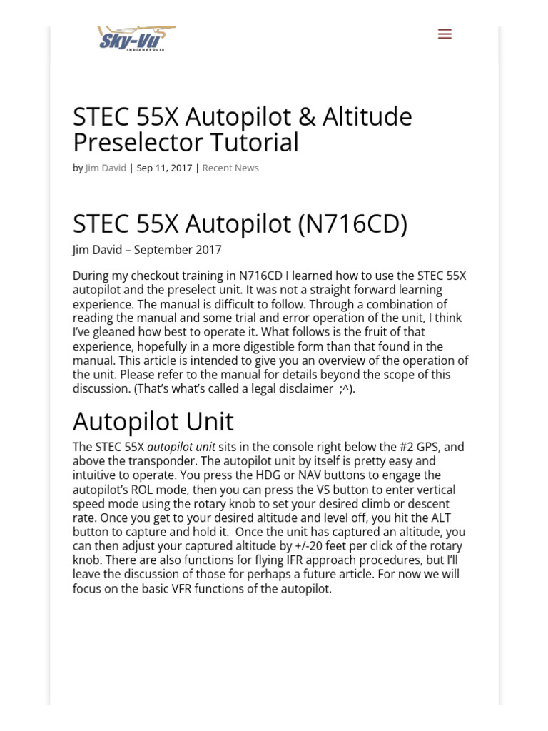 STEC 55 Autopilot & Altitude Preselector Tutorial - Sky-Vu Flyers | PDF | Aviation | Aircraft