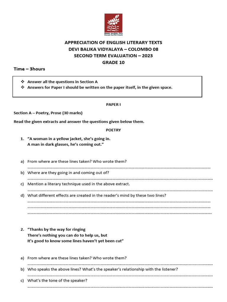 Grade 10 Literary Texts Evaluation | PDF